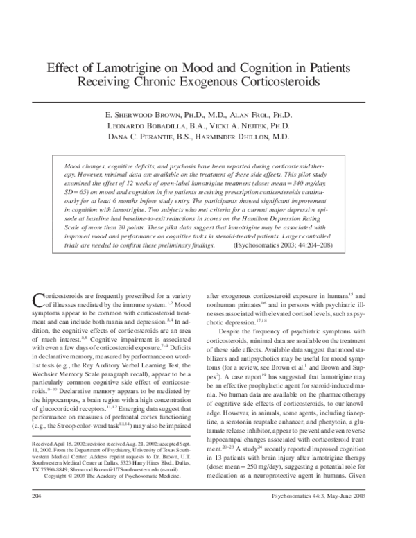 (PDF) Effect of Lamotrigine on Mood and Cognition in Patients Receiving ...