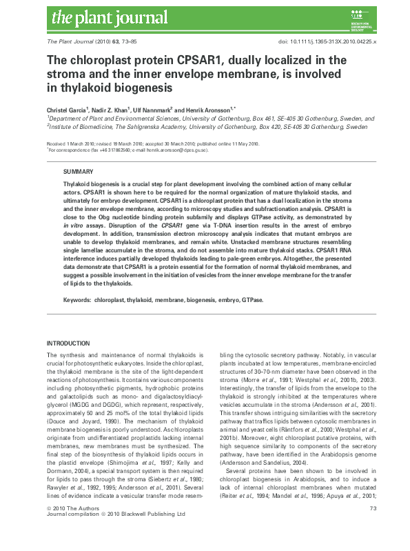 (PDF) The chloroplast protein CPSAR1, dually localized in the stroma ...