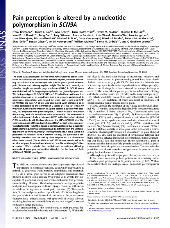 (PDF) Pain perception is altered by a nucleotide polymorphism in SCN9A