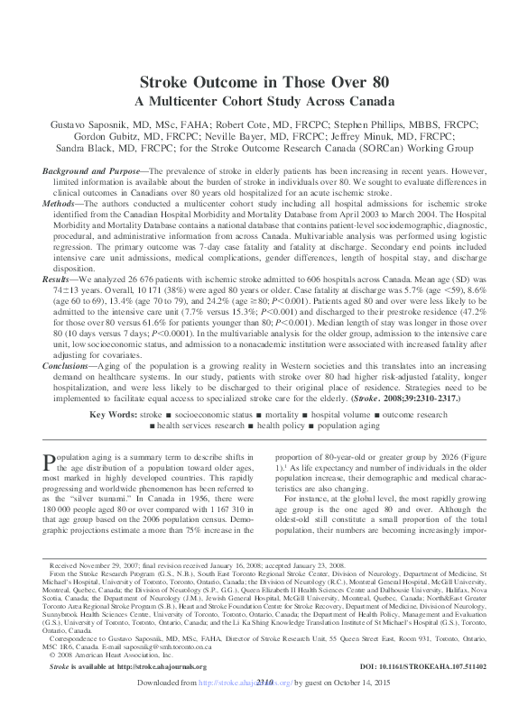 (PDF) Stroke Outcome in Those Over 80: A Multicenter Cohort Study ...