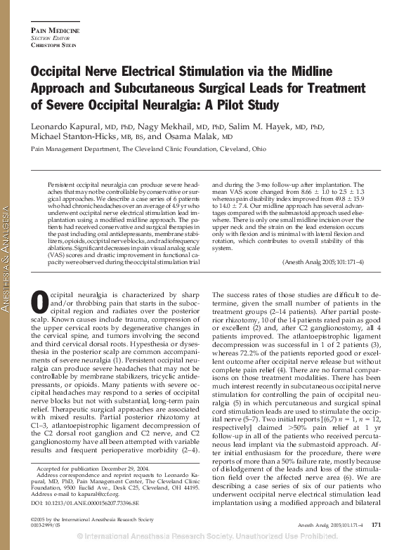(PDF) Occipital Nerve Electrical Stimulation via the Midline Approach ...