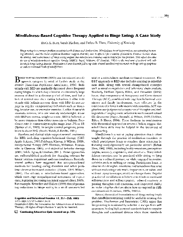 (PDF) Mindfulness-based cognitive therapy applied to binge eating: A case study