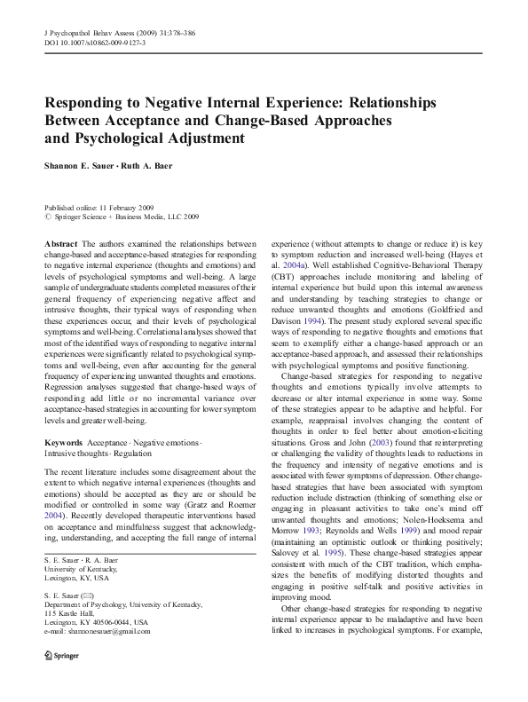 (PDF) Responding to Negative Internal Experience: Relationships Between ...