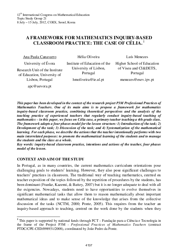(PDF) A FRAMEWORK FOR MATHEMATICS INQUIRY-BASED CLASSROOM PRACTICE: THE ...