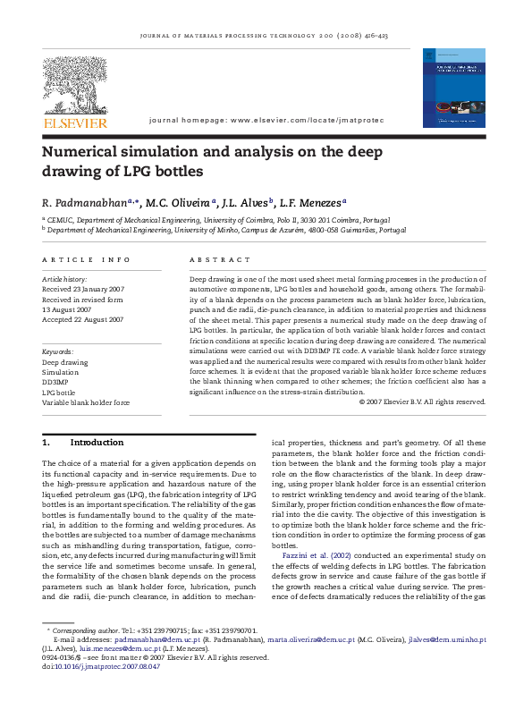 (PDF) Numerical simulation and analysis on the deep drawing of LPG bottles