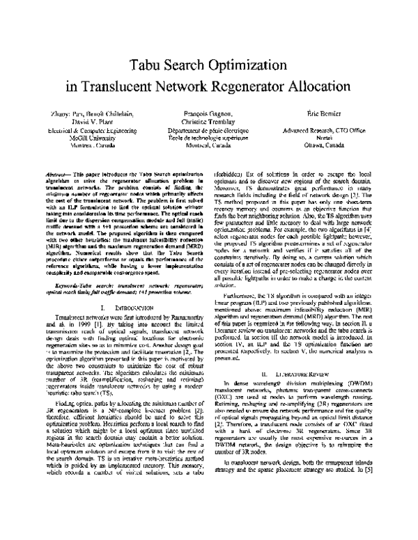 (PDF) Tabu search optimization in translucent network regenerator allocation
