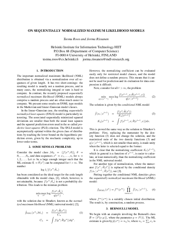 (PDF) ON SEQUENTIALLY NORMALIZED MAXIMUM LIKELIHOOD MODELS | Teemu Roos - Academia.edu