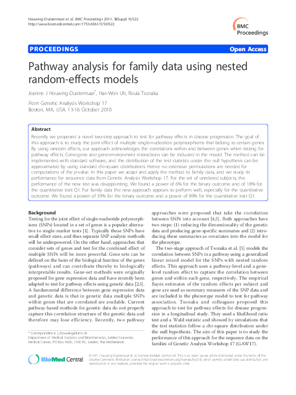 (PDF) Pathway analysis for family data using nested random-effects models