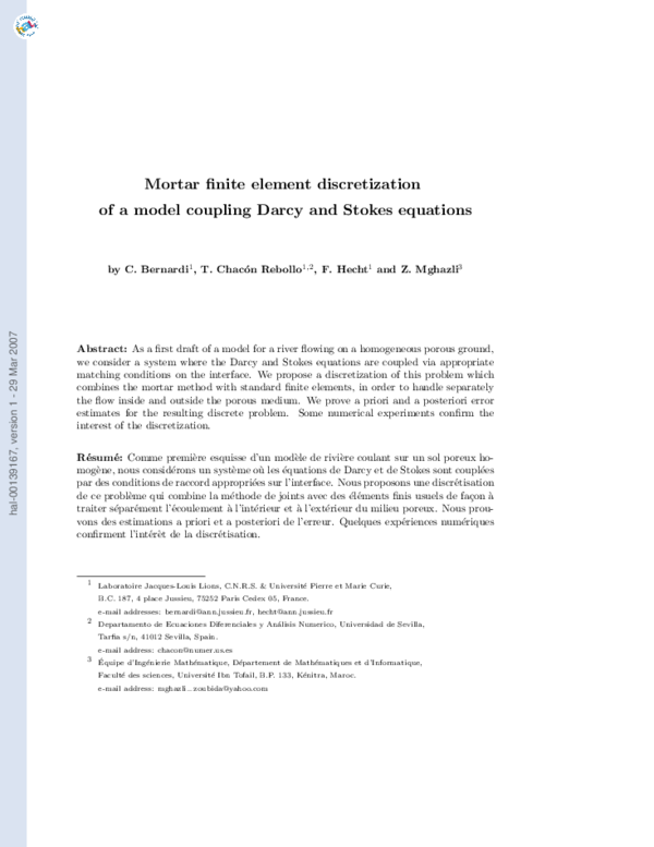(PDF) Mortar finite element discretization of a model coupling Darcy and Stokes equations