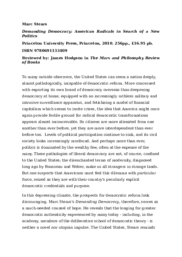 (DOC) Review of Marc Stears - Demanding Democracy: American Radicals in ...