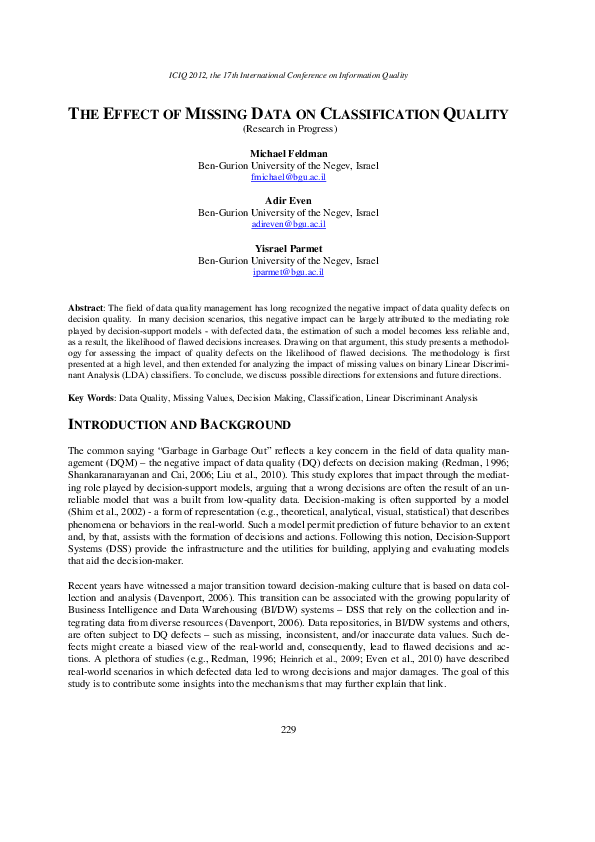 Pdf The Effect Of Missing Data On Classification Quality
