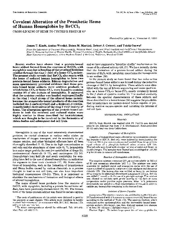 (PDF) Covalent alteration of the prosthetic heme of human hemoglobin by ...