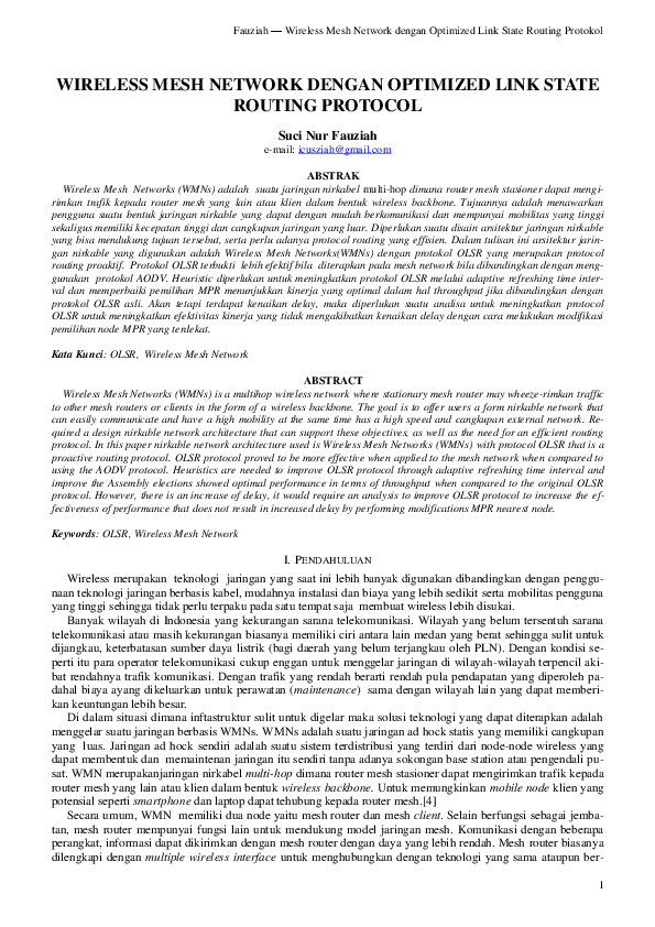 Pdf Wireless Mesh Network Dengan Optimized Link State Routing Protocol Suci Nur Fauziah