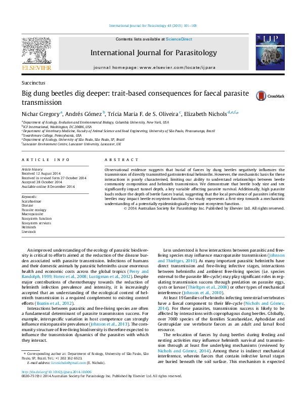 (PDF) Big dung beetles dig deeper: trait-based consequences for fecal parasite transmission