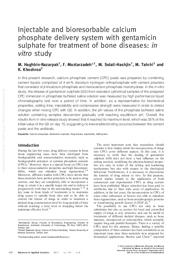 (PDF) Injectable and bioresorbable calcium phosphate delivery system with gentamicin sulphate ...