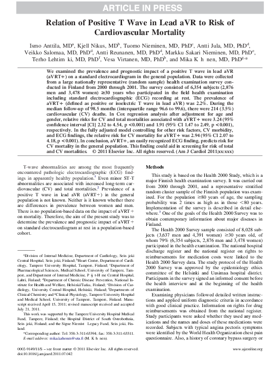 (PDF) Relation of Positive T Wave in Lead aVR to Risk of Cardiovascular ...