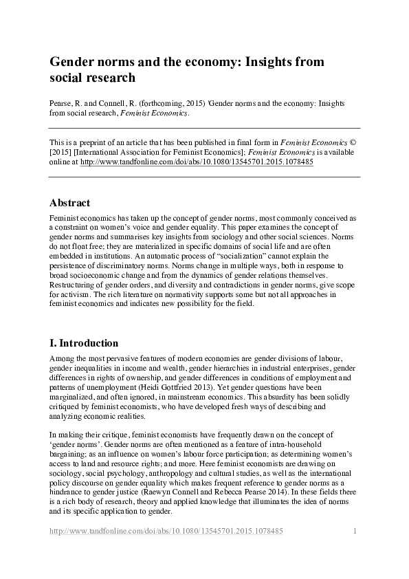 (with Raewyn Connell) Gender norms and the economy: Insights from ...