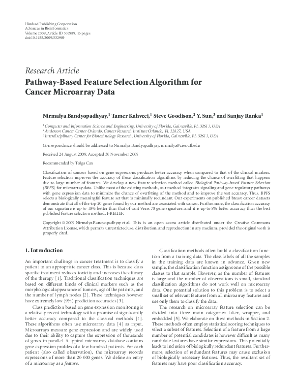 Pdf Pathway Based Feature Selection Algorithm For Cancer Microarray Data