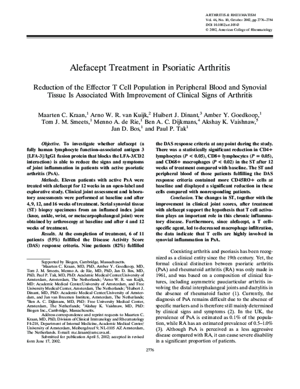 (PDF) Alefacept treatment in psoriatic arthritis: Reduction of the ...