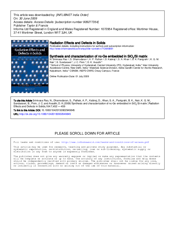 Pdf Synthesis And Characterization Of Nc Ge Embedded In Sio 2 Si Matrix Anand Pathak