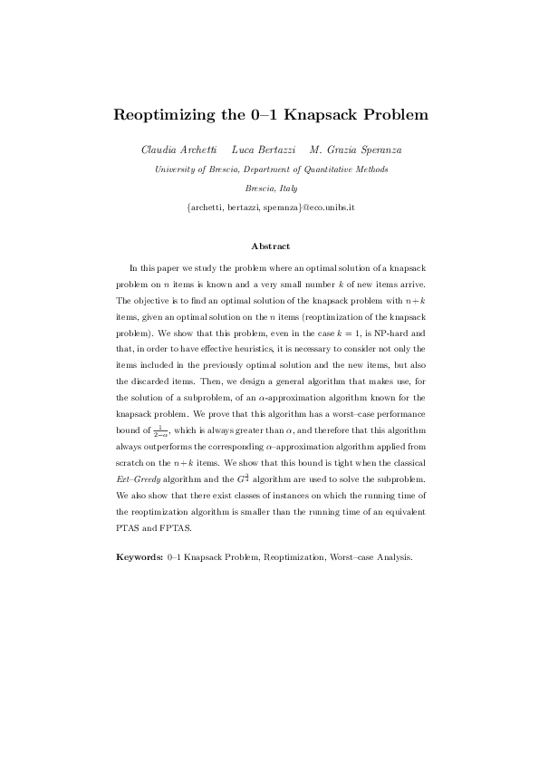 (PDF) Reoptimizing the 0-1 knapsack problem