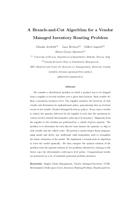 Pdf A Branch And Cut Algorithm For A Vendor Managed Inventory Routing Problem