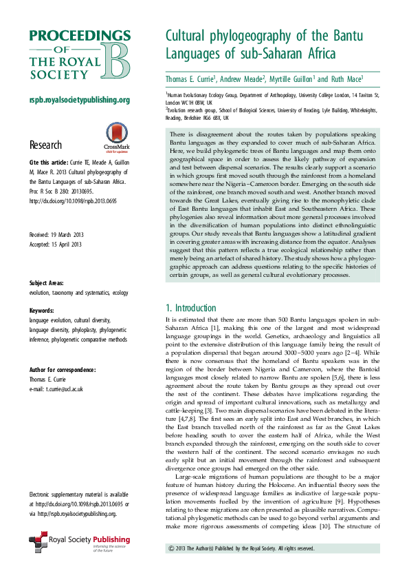 (PDF) Cultural phylogeography of the Bantu Languages of sub-Saharan Africa
