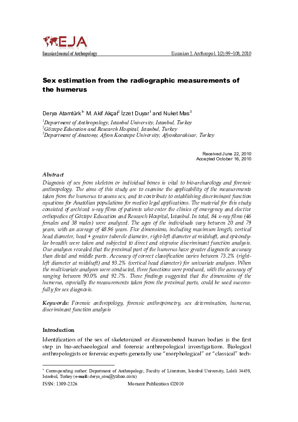 Pdf Sex Estimation From The Radiographic Measurements Of The Humerus