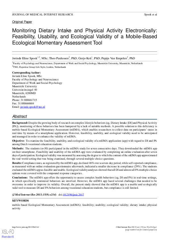 (PDF) Monitoring Dietary Intake and Physical Activity Electronically: Feasibility, Usability ...