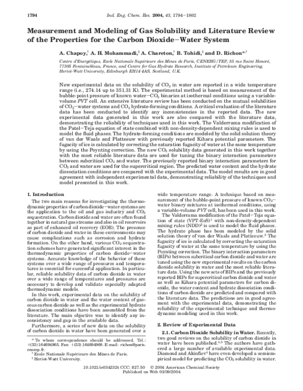 (PDF) Measurement and Modeling of Gas Solubility and Literature Review of the Properties for the ...