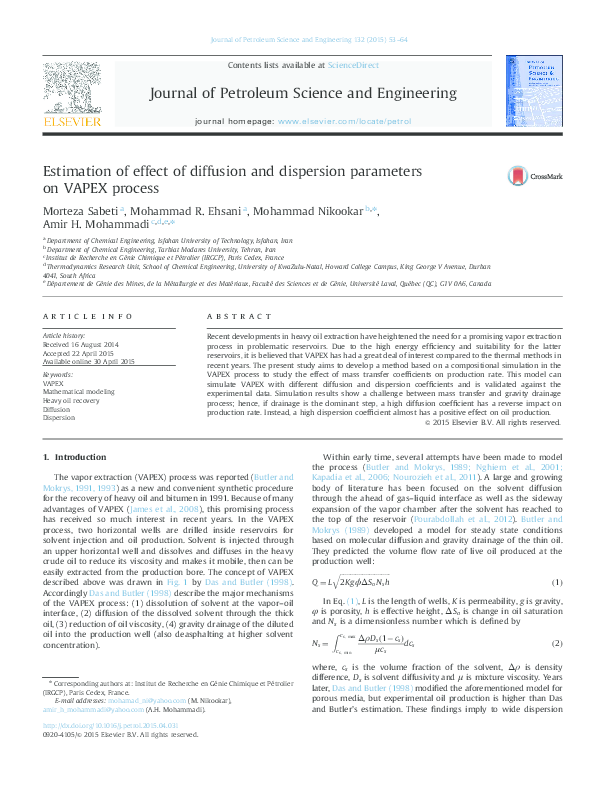 (PDF) Estimation of effect of diffusion and dispersion Parameters on VAPEX process