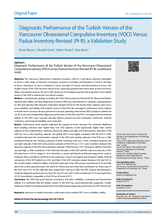 (PDF) Diagnostic Performance of the Turkish Version of the Vancouver ...