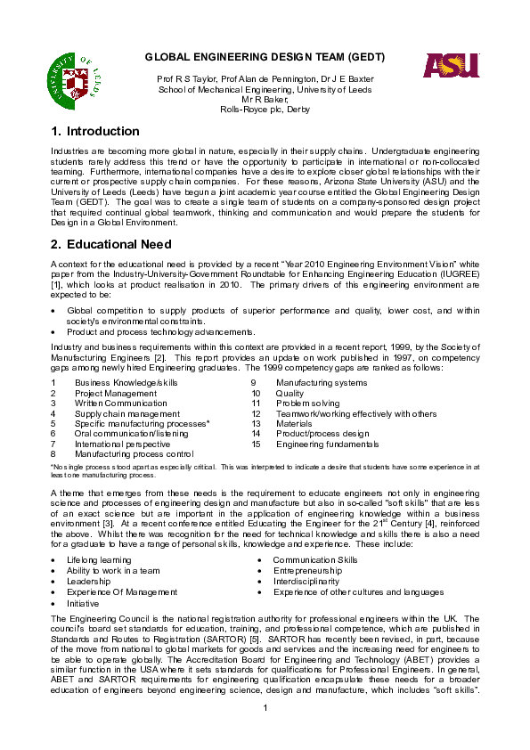 (PDF) GLOBAL ENGINEERING DESIGN TEAM (GEDT) | Alan Pennington ...
