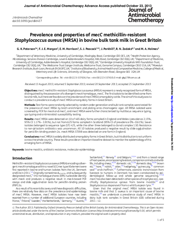 (PDF) Prevalence and properties of mecC methicillin-resistant Staphylococcus aureus (MRSA) in ...