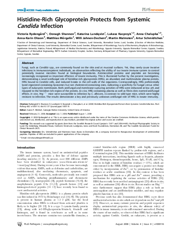 (PDF) Histidine-Rich Glycoprotein Protects from Systemic Candida Infection