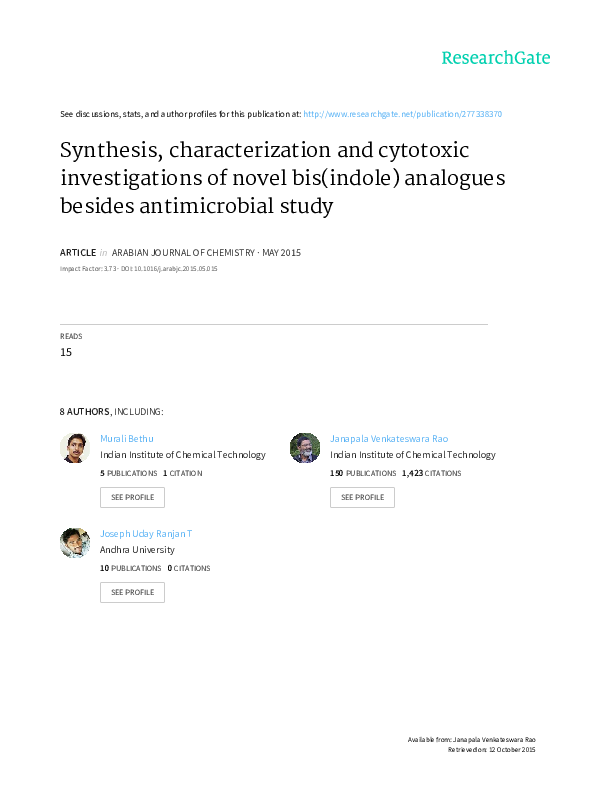 (PDF) Synthesis, characterization and cytotoxic investigations of novel bis(indole) analogues ...