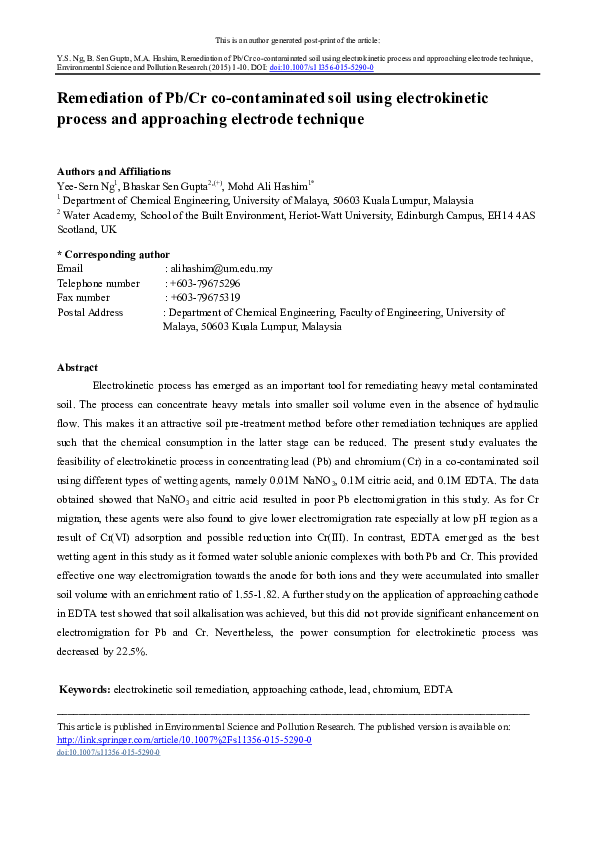 (PDF) Remediation of Pb/Cr co-contaminated soil using electrokinetic process and approaching ...