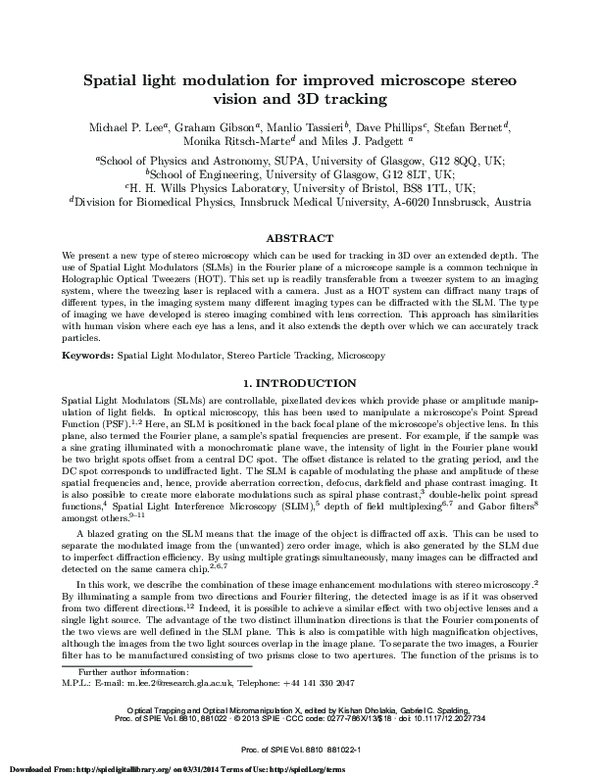 (PDF) Spatial light modulation for improved microscope stereo vision and 3D tracking