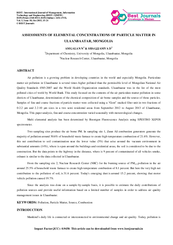 (PDF) Assessments of Elemental Concentrations of Particle Matter in Ulaanbaatar, Mongolia