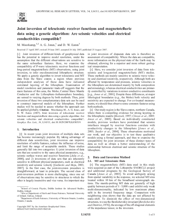 (PDF) Joint inversion of teleseismic receiver functions and ...