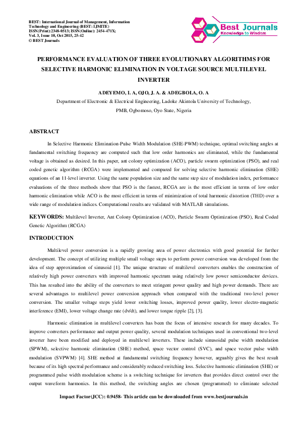 (PDF) Performance Evaluation of Three Evolutionary Algorithms for Selective Harmonic Elimination ...