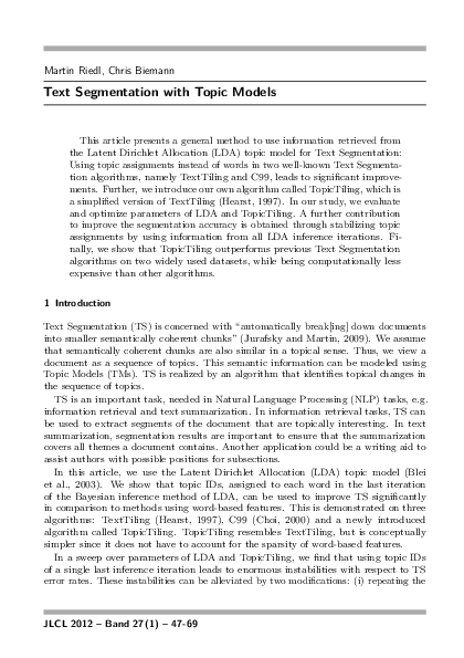 (PDF) Text Segmentation with Topic Models