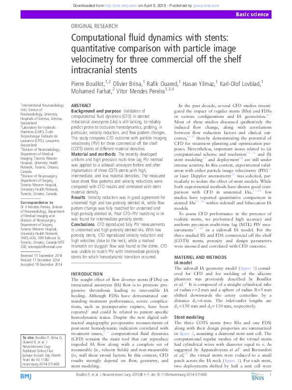 Pdf Computational Fluid Dynamics With Stents Quantitative Comparison