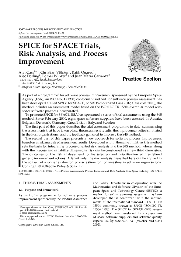 (PDF) SPICE for SPACE trials, risk analysis, and process improvement