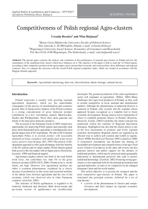(PDF) Competitiveness of Polish regional Agro-clusters