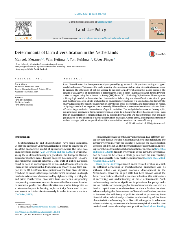 (PDF) Determinants of farm diversification in the Netherlands | Wim ... (PDF) Determinants of farm diversification in the Netherlands | Wim ...