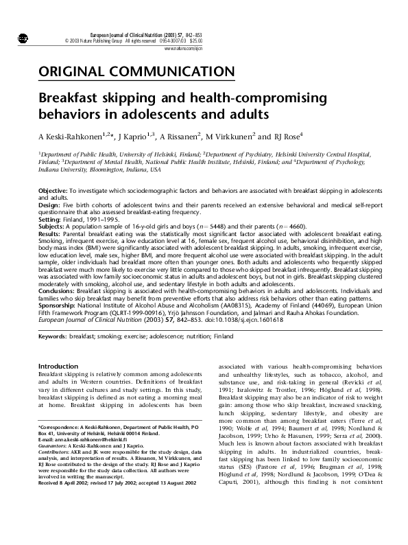 (PDF) Breakfast skipping and health-compromising behaviors in ...