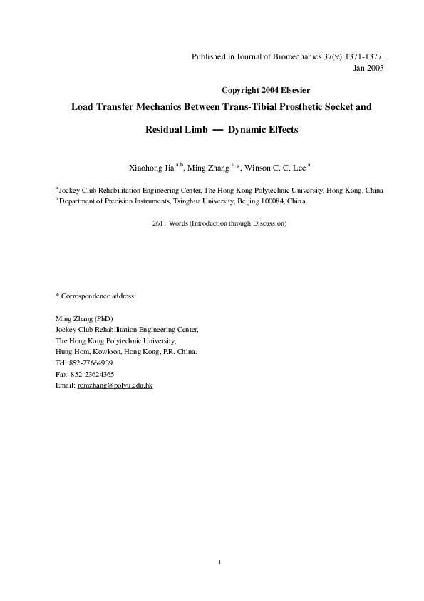(PDF) Load transfer mechanics between trans-tibial prosthetic socket and residual limb—dynamic ...