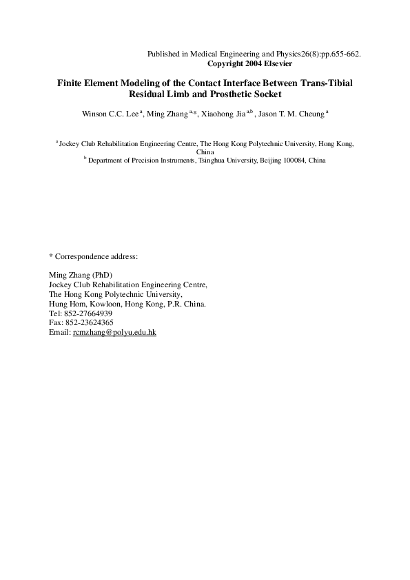 Pdf Finite Element Modeling Of The Contact Interface Between Trans Tibial Residual Limb And