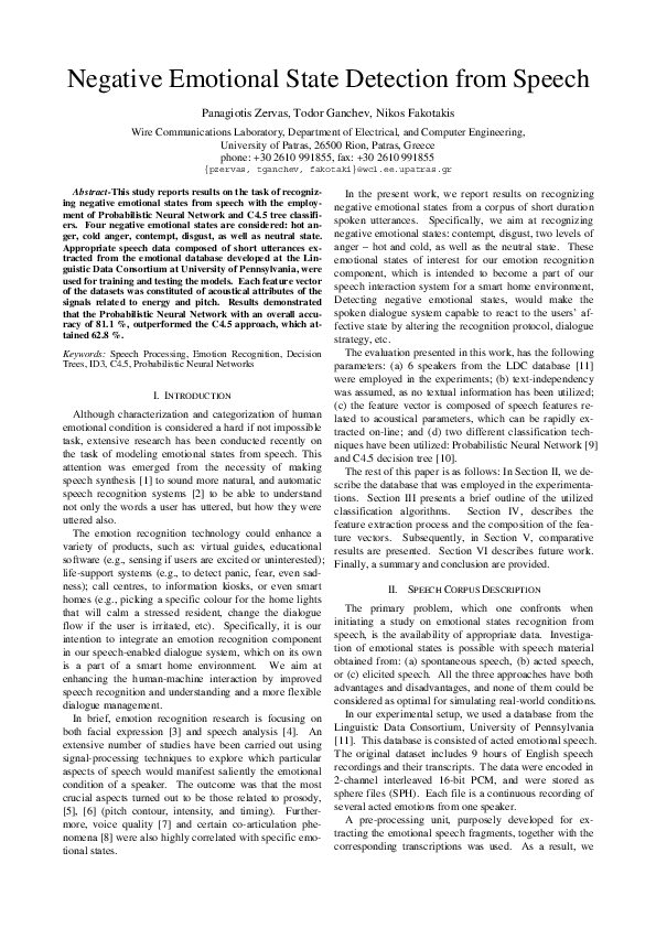 (PDF) Negative Emotional State detection from Speech